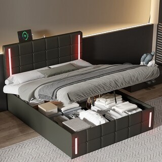 Full Size Upholstered Bed with LED Lights,Hydraulic Storage System and ...