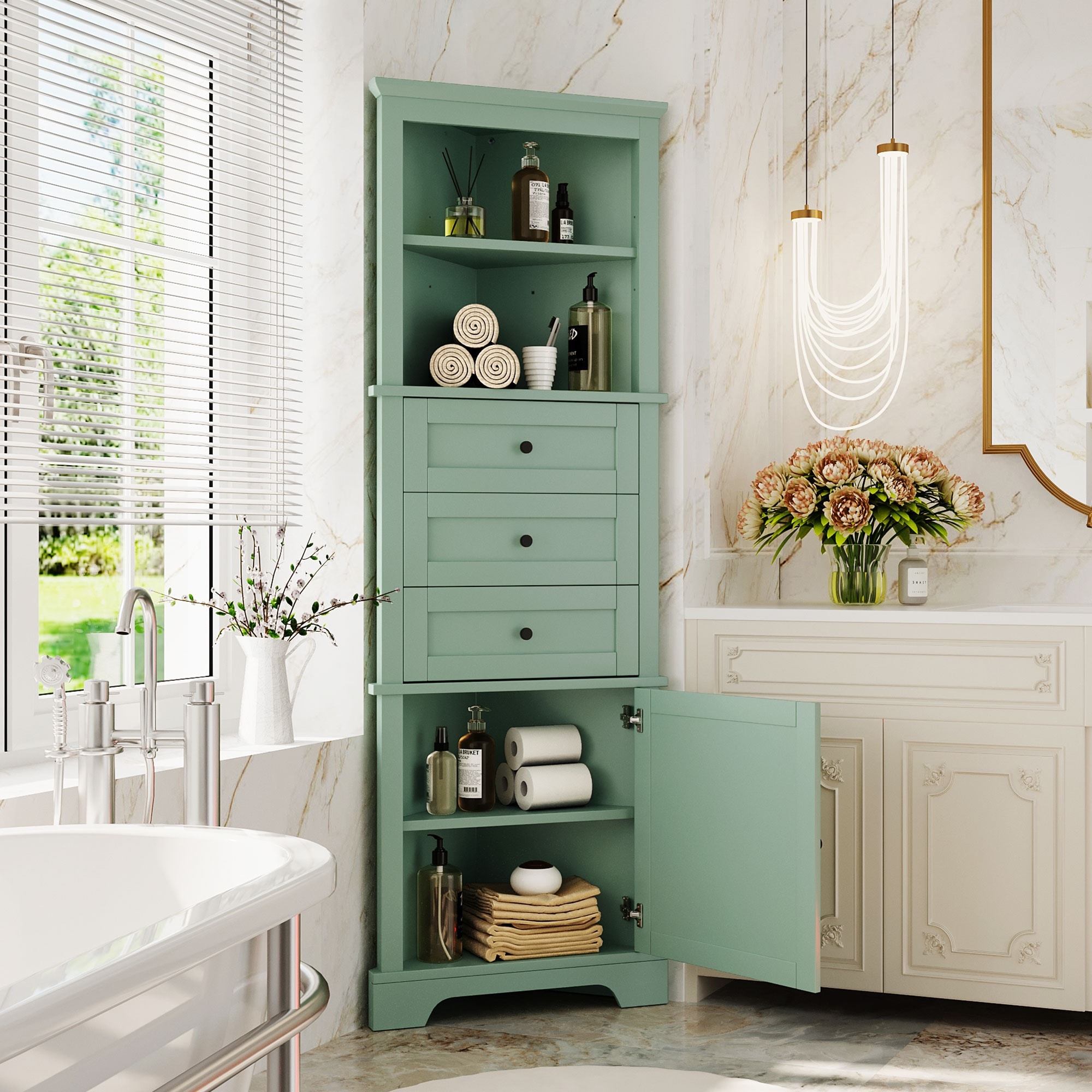 23 in. W x 13 in. D x 68.3 in. H Tall Freestanding Triangle Corner Storage Linen Cabinet with Adjustable Shelves and 3 Drawers On Sale Bed Bath Beyond 39573036