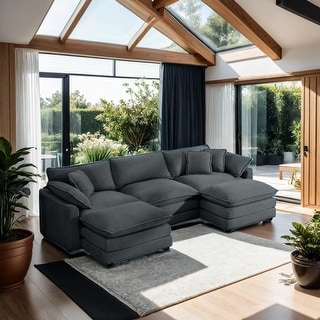 Sectional Deep Seat 3-Seater Sofa with 2 Ottomans and Armrests, Grey ...