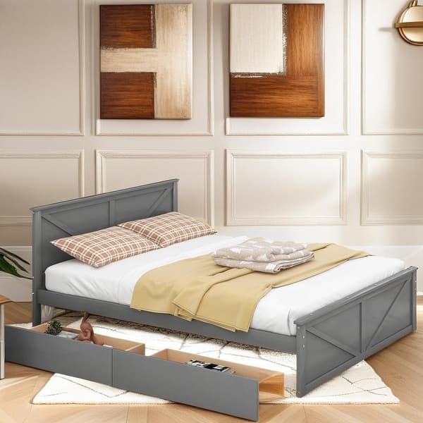 Queen Size Wooden Platform Bed with Four Storage Drawers and Support ...
