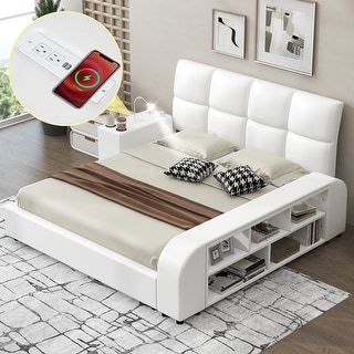 Upholstered Platform Bed with Multimedia Nightstand and Storage Shelves ...
