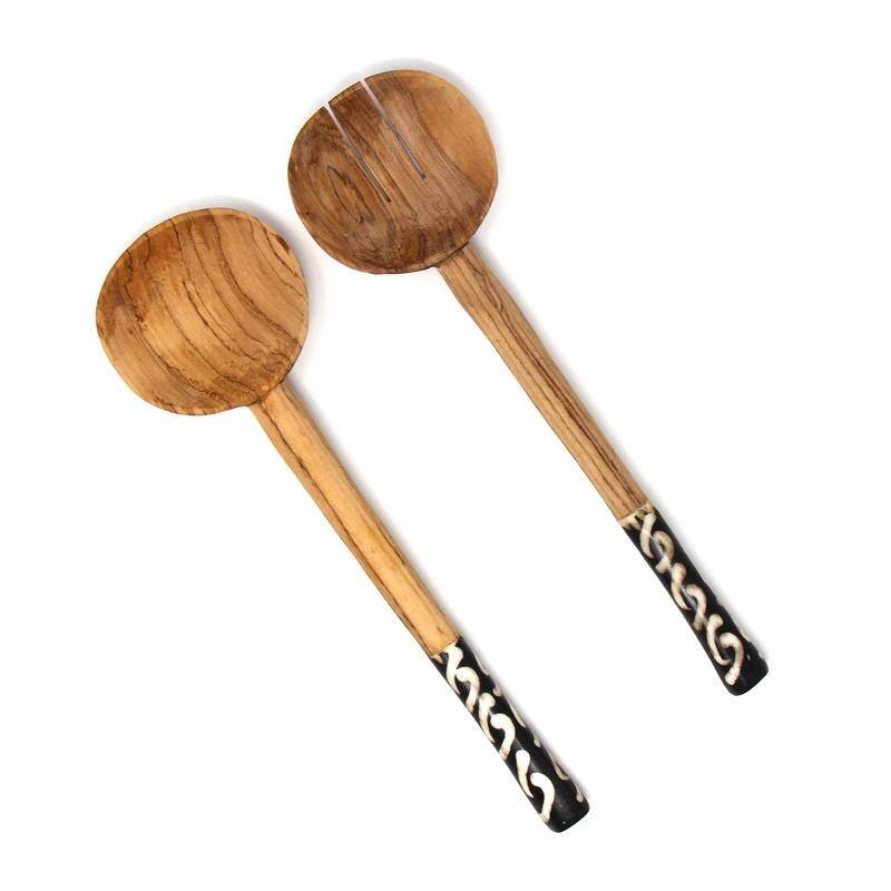 Handmade Olive Wood Serving Utensils with Natural Batik Bone Handles ...