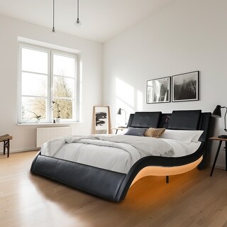 Black+White Faux Leather Curve Platform Bed Frame With Bluetooth ...