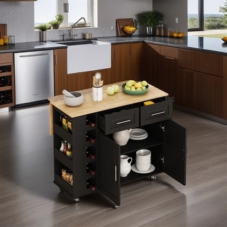 Multi-Functional Kitchen Island Cart with 2 Door Cabinet and Wine Rack ...