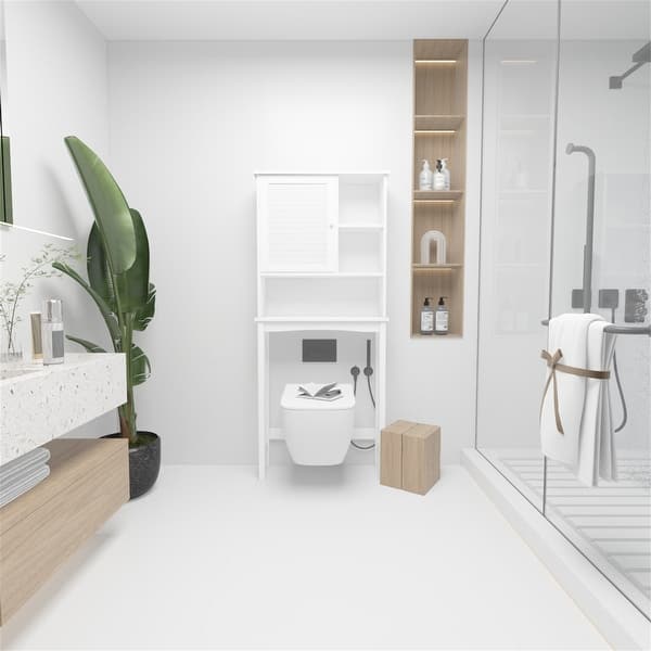 White Over The Toilet Bathroom Cabinet with Shelf and Shutter Door ...
