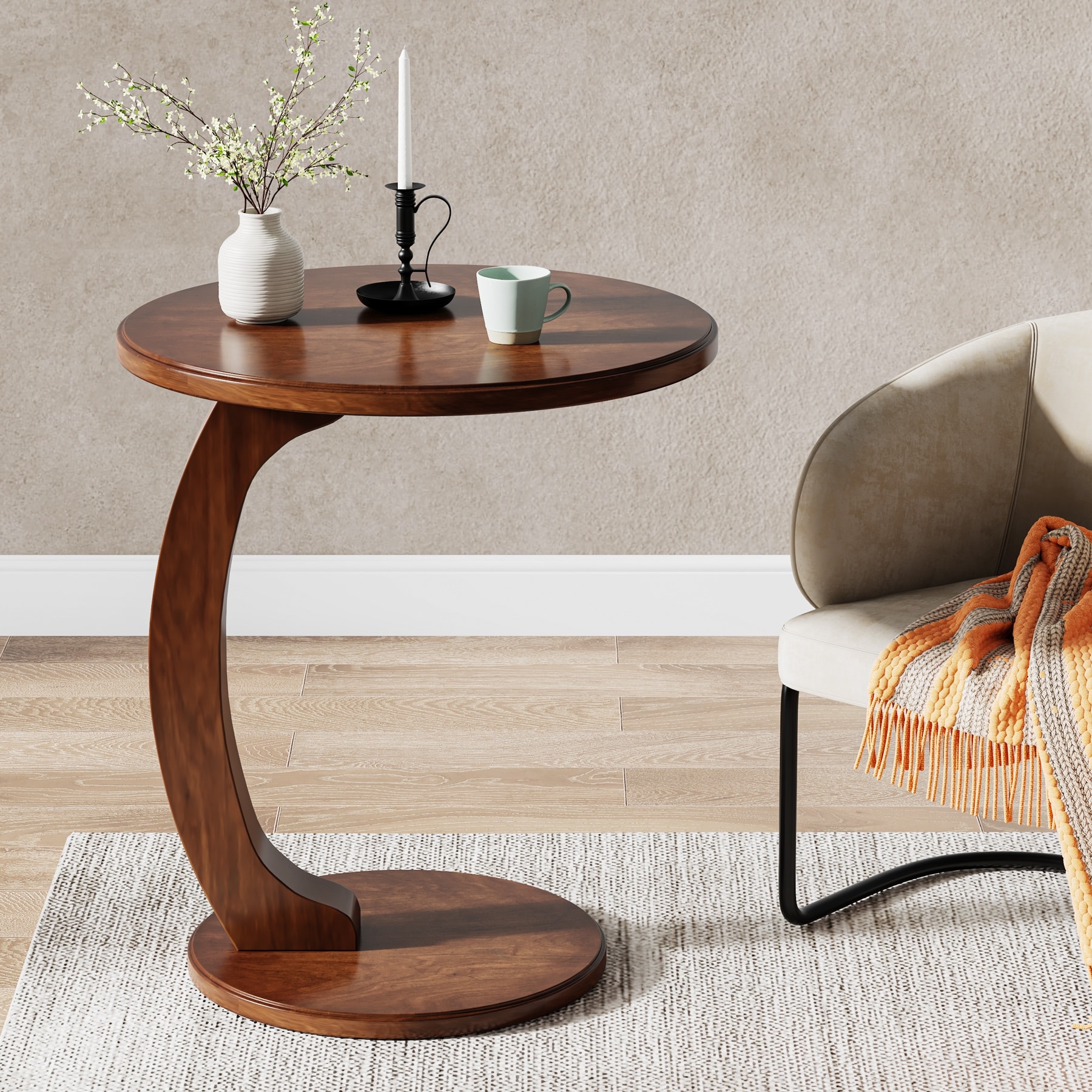 Solid Wood Round End Table Mid Century C-Shaped Side Table for Living ...