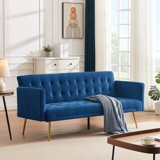 Blue Velvet Futon Sleeper Sofa w/ Round Pillows & 3 Adjustable Backer ...