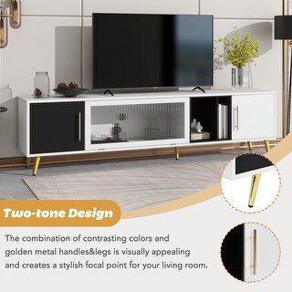 Two-Tone TV Stand with Golden Metal Legs, Fluted Glass Door TV Storage ...