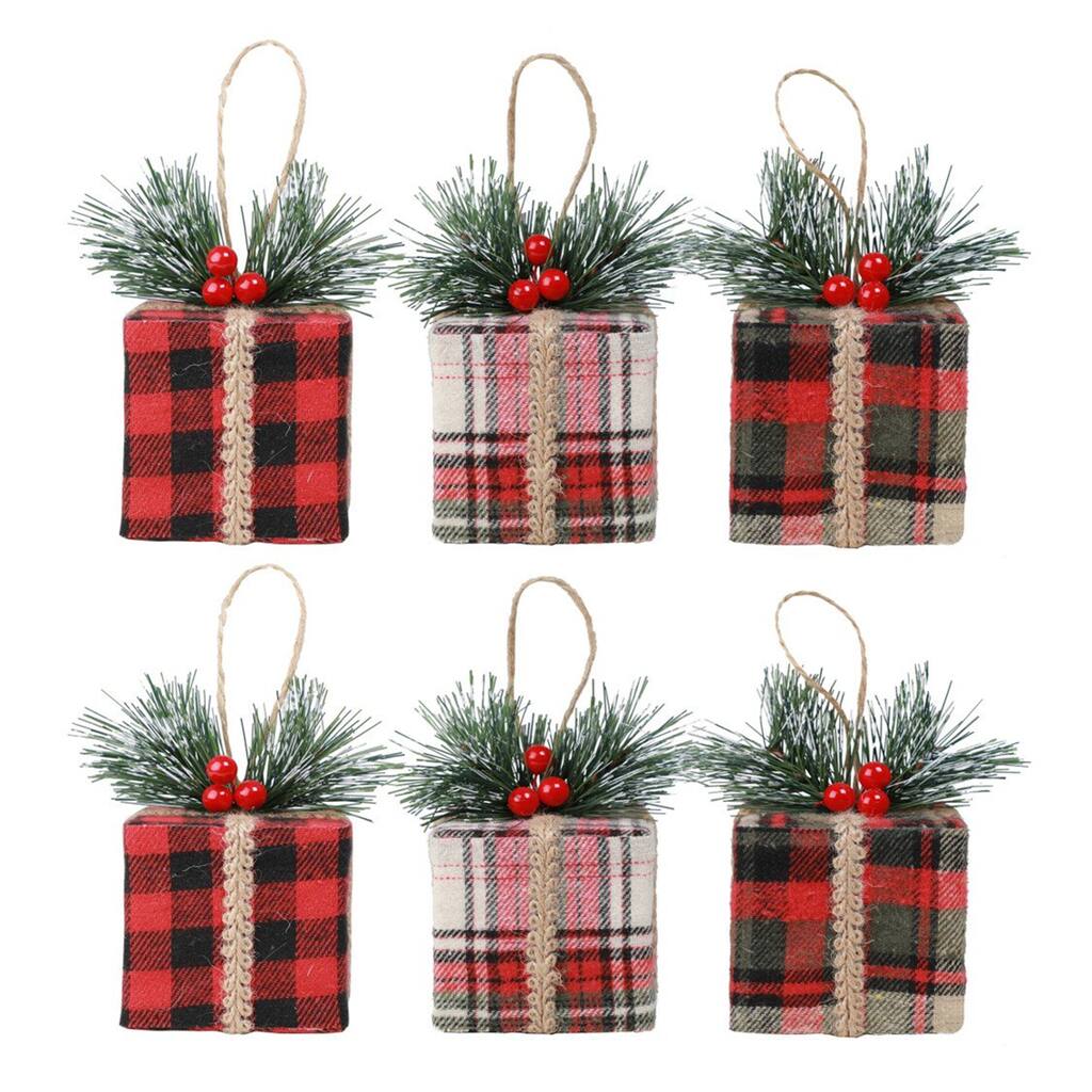 Red Plaid Gift Box Christmas Tree Ornaments, 6 Count - 6Packs-Red ...