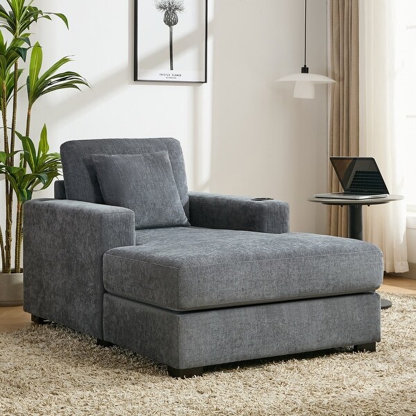 Chenille Fabric Oversized Chaise Lounger 39.7 43.5 55 Chair Bed Sofa Couch with Pillows Charge Station Cup Holders On Sale Bed Bath Beyond 41685642