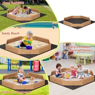 Octagonal Wooden Sandbox for Kids with Built-in Benches, Protective ...