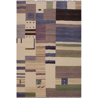 Boho Chic Turkish Kilim Singleto Ivory Blue Hand-Woven Wool Rug - 6'6 ...