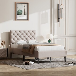 Twin Elegant Upholstered Platform Bed with Button Tufted Headboard Wood Slats Support Mattress Foundation No Box Spring Needed Bed Bath Beyond 38911658