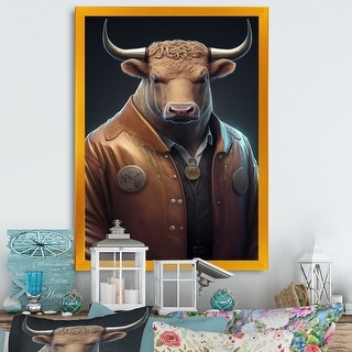 Designart "Bull With A Stylish Brown Leather Jacket I" Animals Bull ...