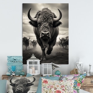Designart "Grey Buffalo Grazing Giants" Animals Metal Art Print - Bed ...