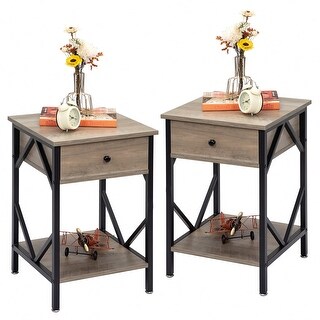 Nightstand Set of 2 with Wooden Shelf, Beside End Table with Storage ...