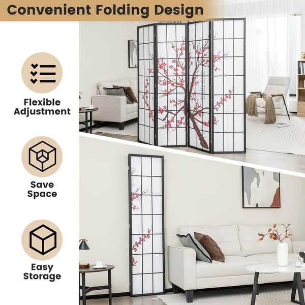 Costway 4-Panel Japanese Style Folding Room Divider with Elegant Plum ...