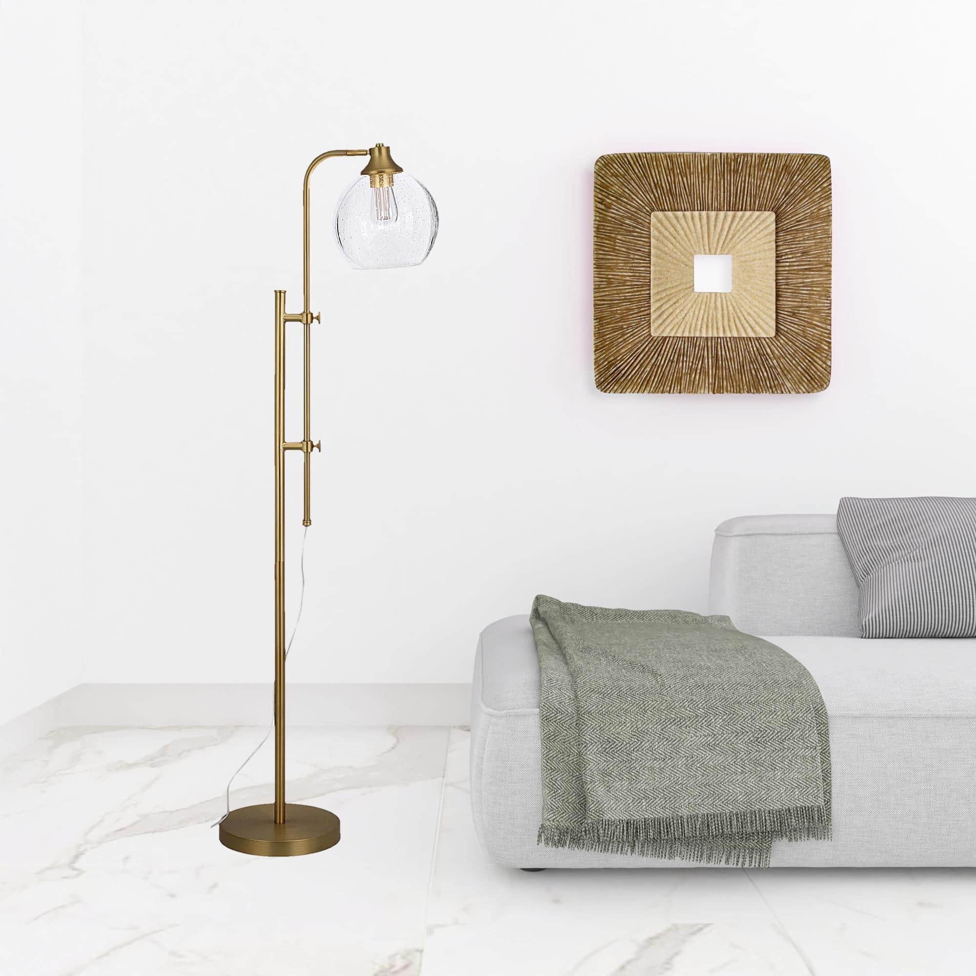 HomeRoots 68" Brass Adjustable Reading Floor Lamp With Clear Seeded ...