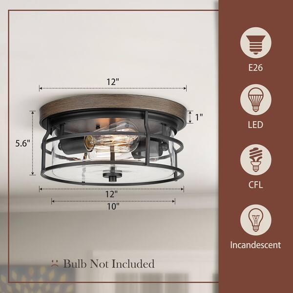 2 Light Flush Mount Ceiling Light Wood and Matte Black Finish - 12" x ...