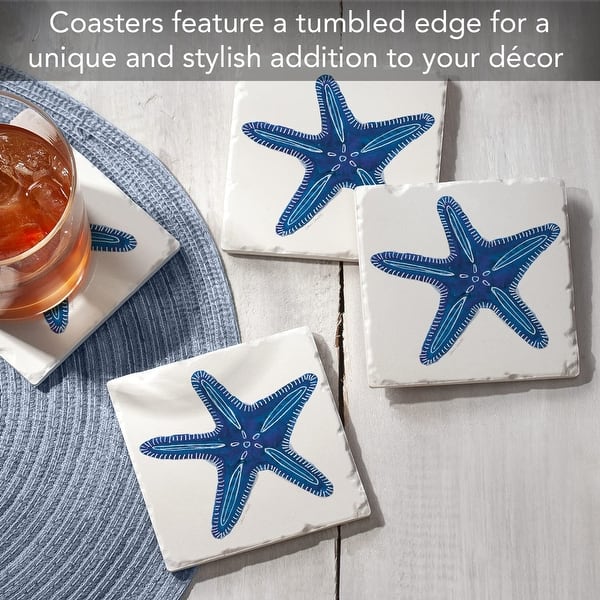 CounterArt Indigo Coastal Starfish Absorbent Stone Tumbled Tile Coaster Set of 4 Made in The USA ...