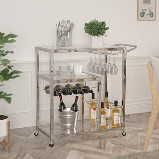 3-Tier Bar Cart Glass Kitchen Serving Cart with Lockable Wheels, Handle ...