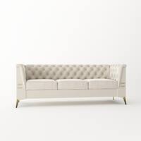 Beige Modern Velvet Three-Seat Sofa, with Tufted Seat & Back and Flared ...
