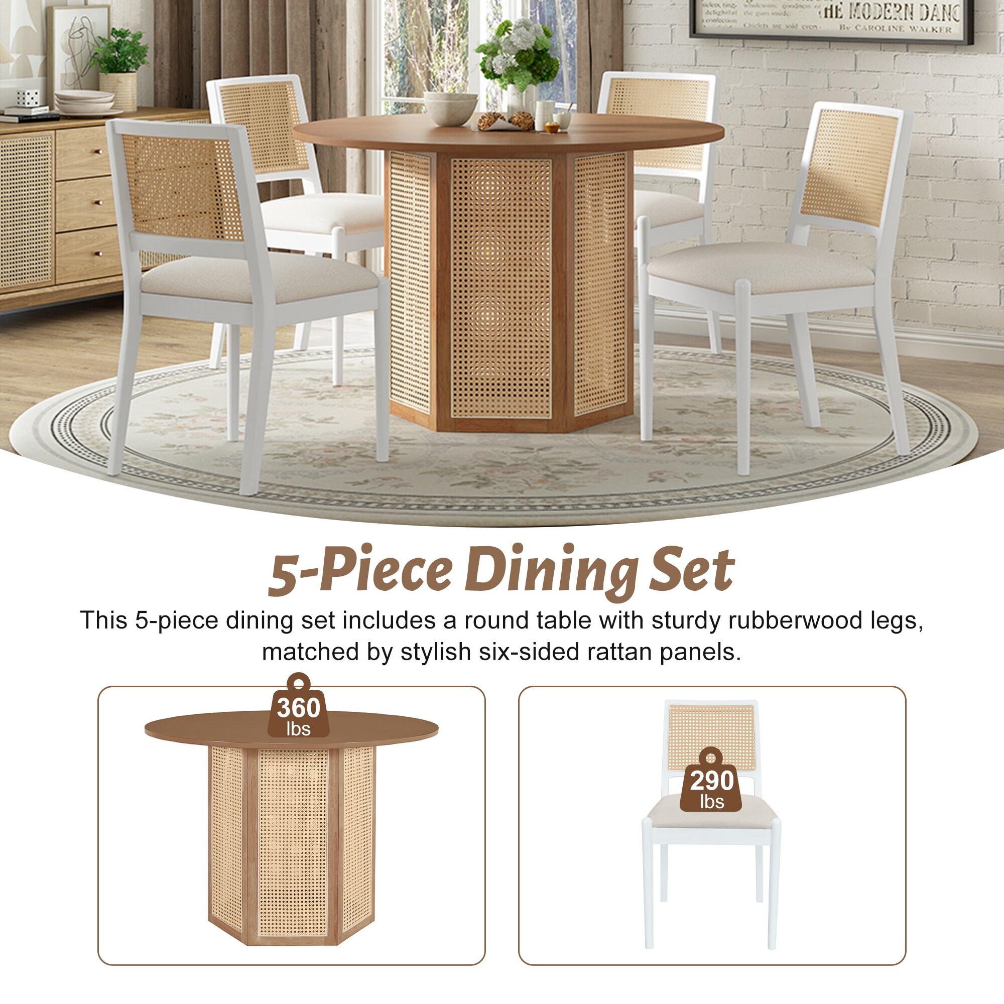 5 Piece Rattan Dining Set Wood Dining Table w Hexagonal Rattan Base 4 Rattan Back Upholstered Chairs for Kitchen White Bed Bath Beyond 41089714