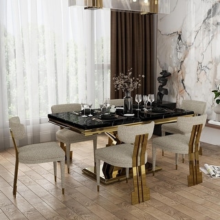 Luxury Gold Dining Room Table Set with 65 inch Dining Table and Boucle ...