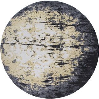 8' Black Gray And Gold Round Geometric Stain Resistant Area Rug - 3'6 ...