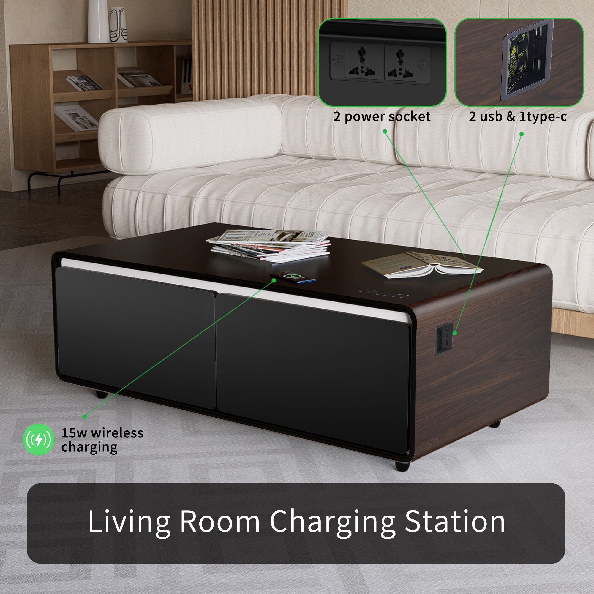 Modern Smart Coffee Table with Built in Fridge Bluetooth Speaker Wireless Charging Module Touch Control Panel USB Interface Bed Bath Beyond 38375273