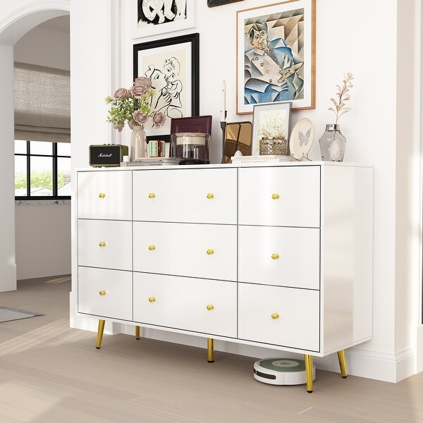Modern 9 Drawer Dresser with Golden Accents High Gloss White Chest