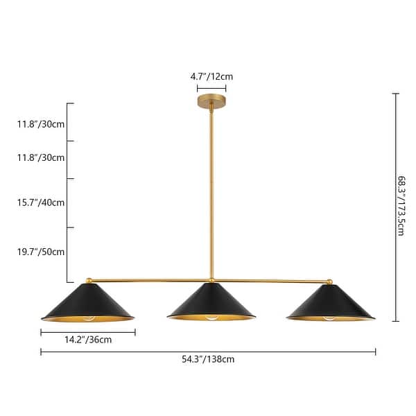 3-Light Mid-Century Modern Black Gold Linear Cone Dimmable Large ...