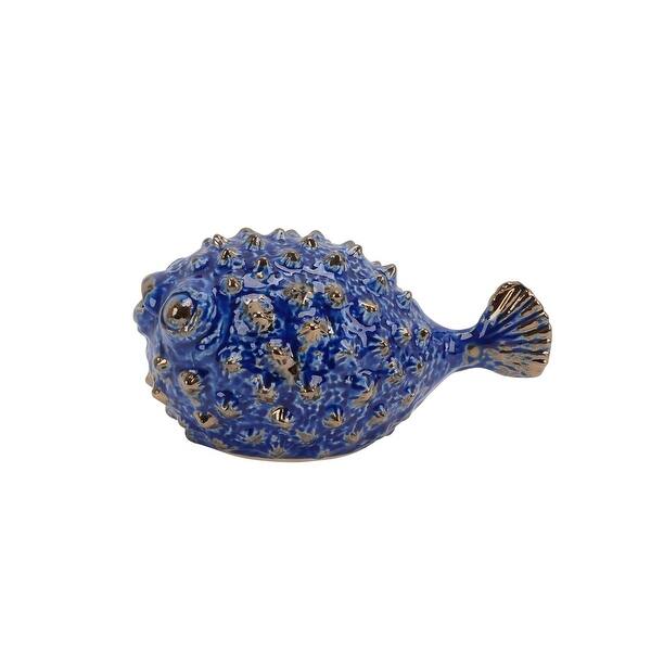 Decorative Ceramic Puffer Fish Figurine with Spiked Accents, Gold and ...