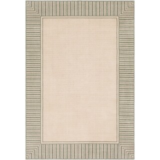 7'6" x 10'9" Stripe Border Patterned Olive Green and Beige Rectangular ...