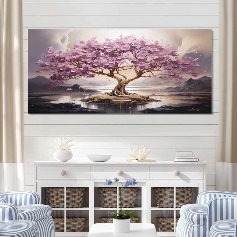 Designart "Purple Cherry Blossom Tree By The Lake I" Tree Cherry ...