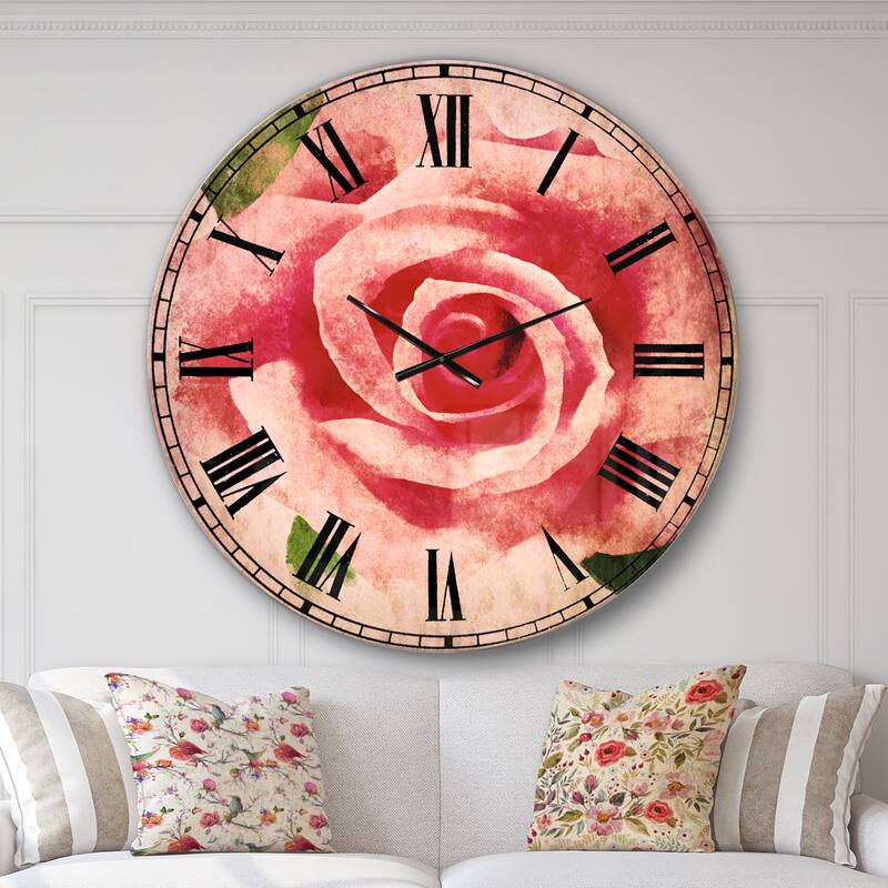 Designart 'Big Pink Rose Flower with Leaves' Floral Large Wall CLock ...