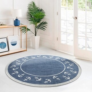 Sevita Navy Blue/White Nautical Anchor Border Indoor Outdoor Rug - Bed ...