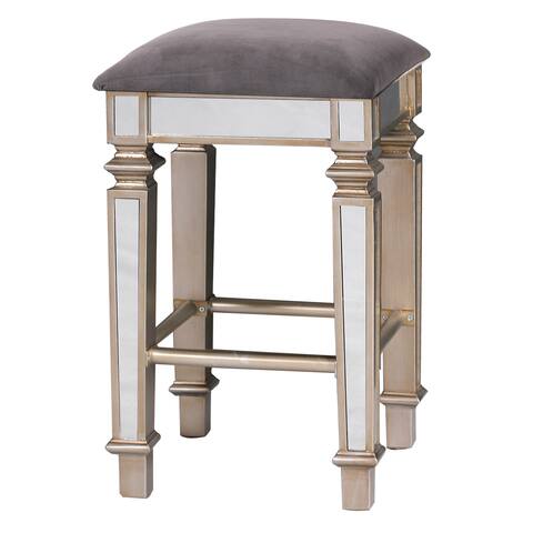 StyleCraft Silver Mirrored Square Stool with Gray Velvet Upholstery ...