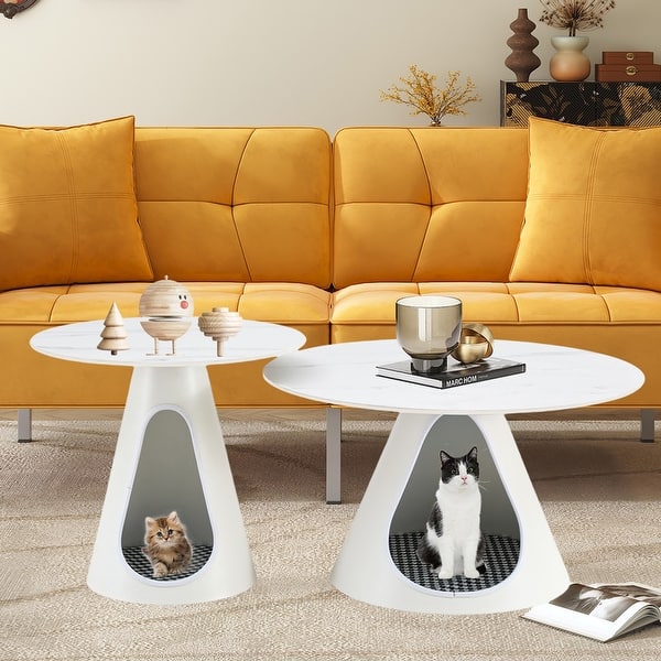 2 peice Round Coffee Tables with Marble Look and Cat Beds - Bed Bath ...