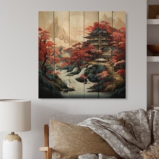 Designart "Asian Art Landscape" Asian Print on Natural Pine Wood - Bed ...