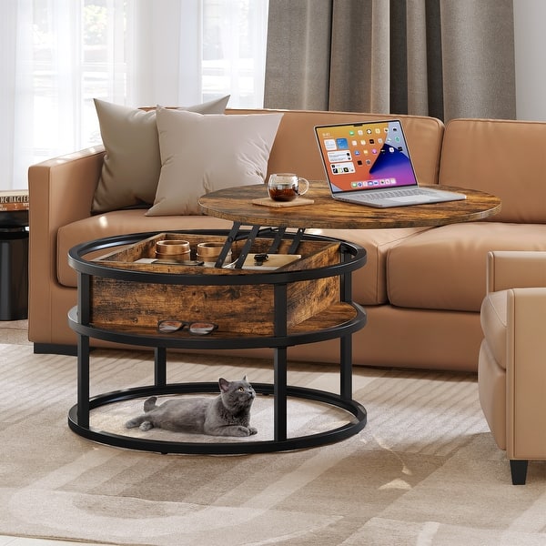 Round Lift Top Extendable Frame Coffee Table with Hide Storage - On ...