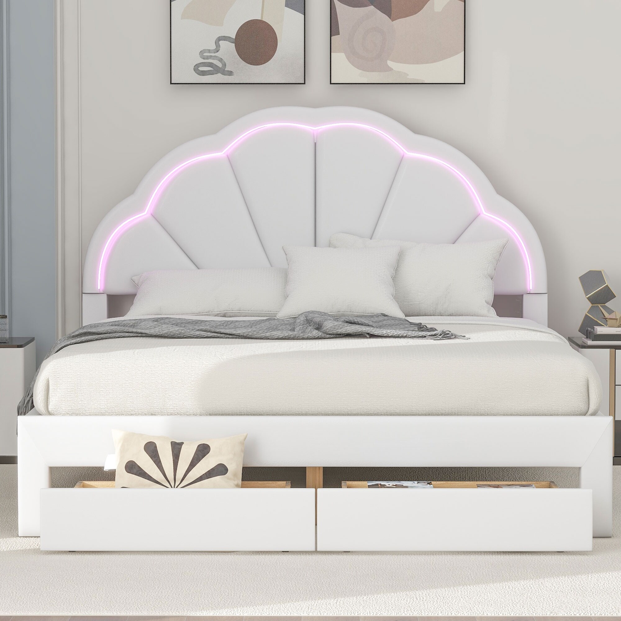 Storage Platform Wood Slat Support Bed Frame with Light Strip Seashell ...