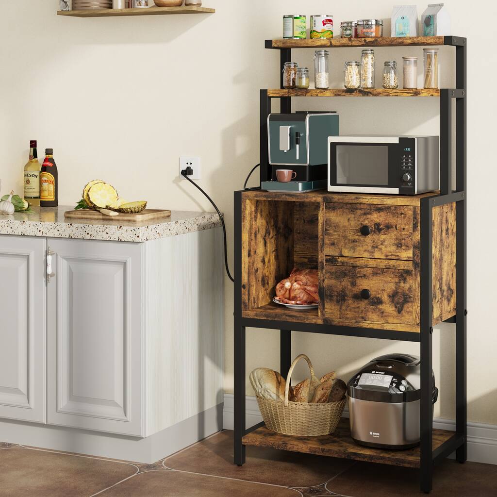 Bakers Rack with Power Outlet Coffee Bar Table Kitchen Sideboard Buffet ...
