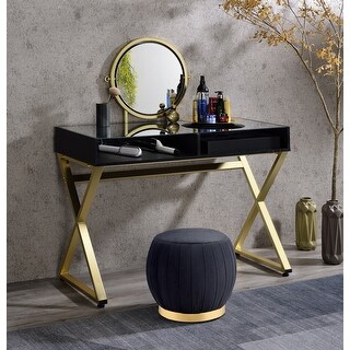 Black and Gold Vanity Table with Round Mirror and Glass Top - Bed Bath ...