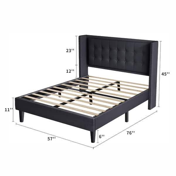 Bed Frame with Upholstered Headboard and Wooden Slats Support - Bed ...
