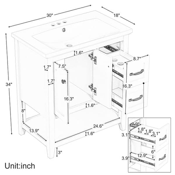 30" Bathroom Vanity Cabinet with Ceramic Sink Top, Multi-Functional ...