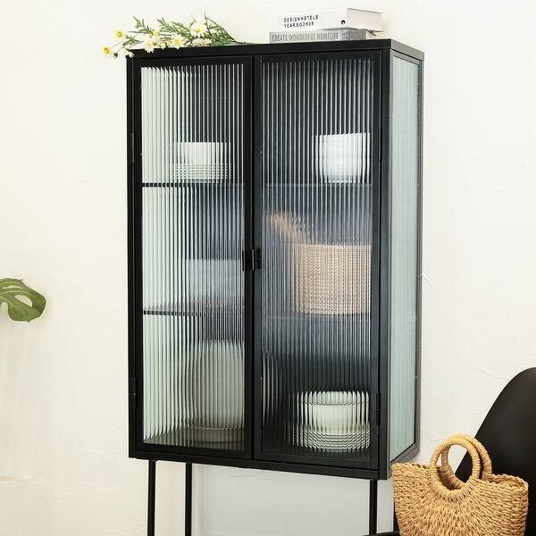 Fluted Glass High Cabinet Storage Dual Doors Three Detachable Wide ...