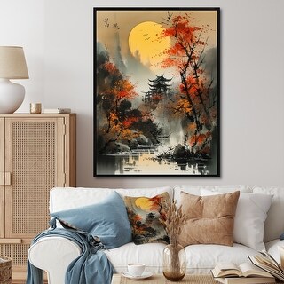 Designart "Red Moonset Raven Cry Japon I" Japon Landscape Framed Canvas ...