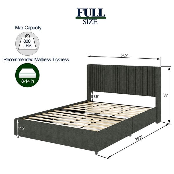 Linen Upholstered Platform Bed With Wooden Slatted Mattress Support ...