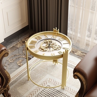Gold Top Clock End Table w/Rotating Gear Display Round Nightstand - Bed ...
